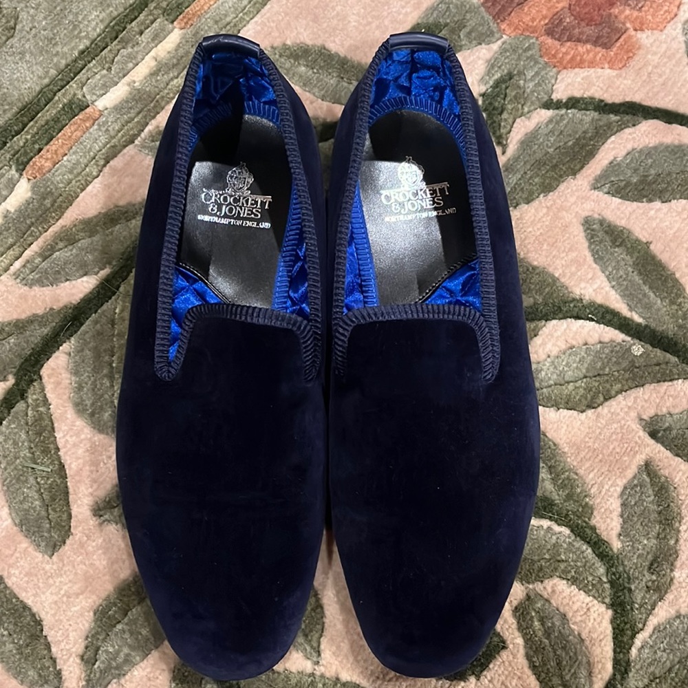 Crockett & Jones Navy Velvet Opera Slippers. - Gem